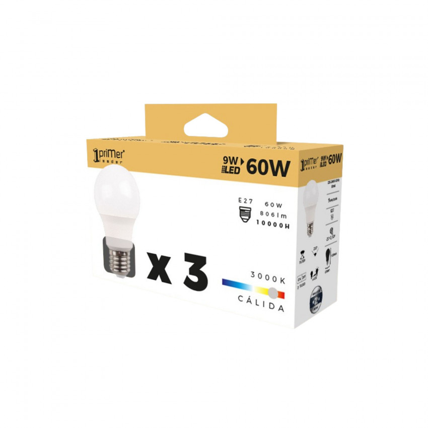 Pack 3 Bombillas LED Estándar E27 9W Equi.60W 806lm 15000H Primer Leader